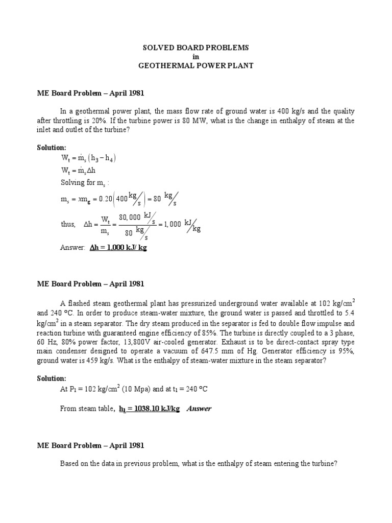 Geothermal Power Plant Problem Solutions | PDF | Steam | Power Station
