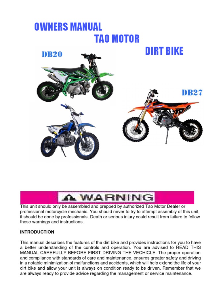 Tao Motor Dirt Bike Owner's Manual | PDF | Brake | Motorcycle