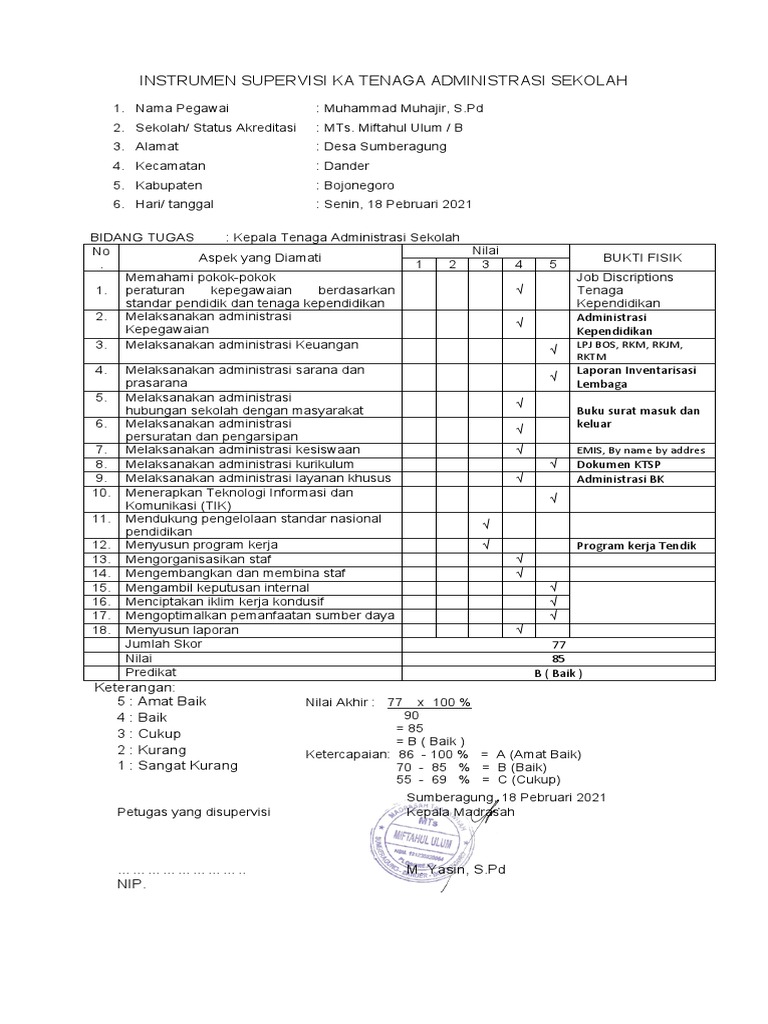 Instrumen Supervisi Tenaga Kependidikan | PDF