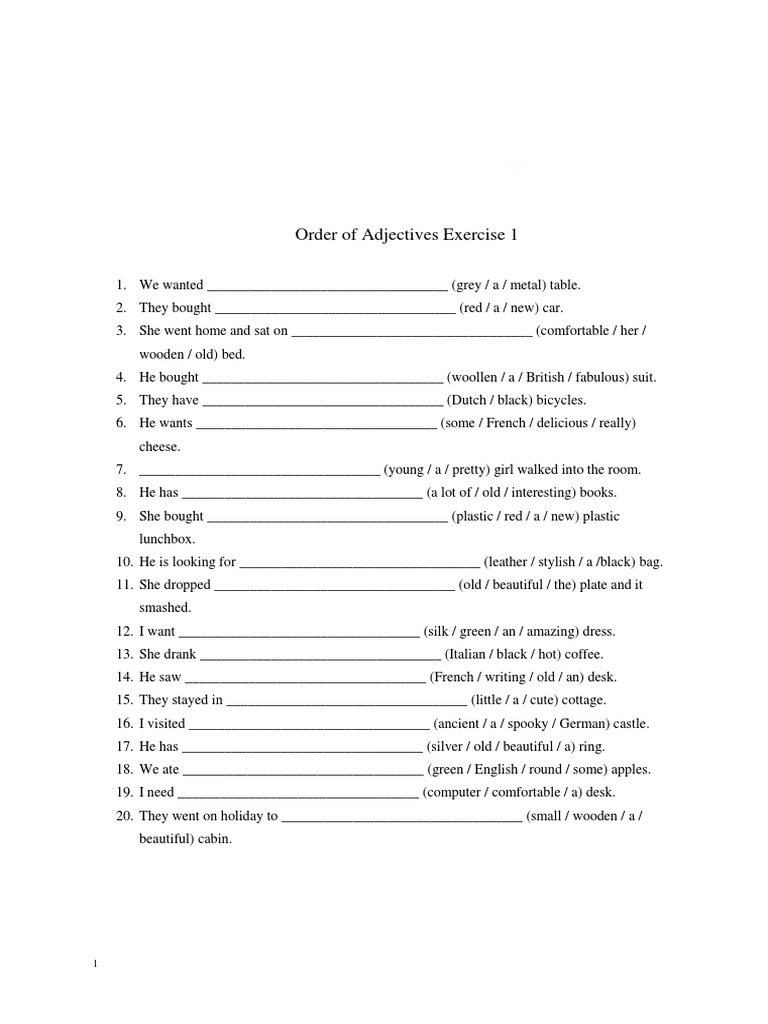 Order of Adjectives Exercise | PDF