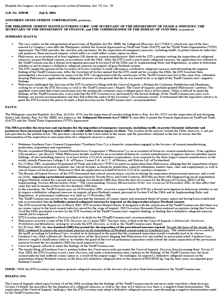 Southern Cross Cement v. Cement Manufacturer's Assoc., G.R. No. 158540 ...