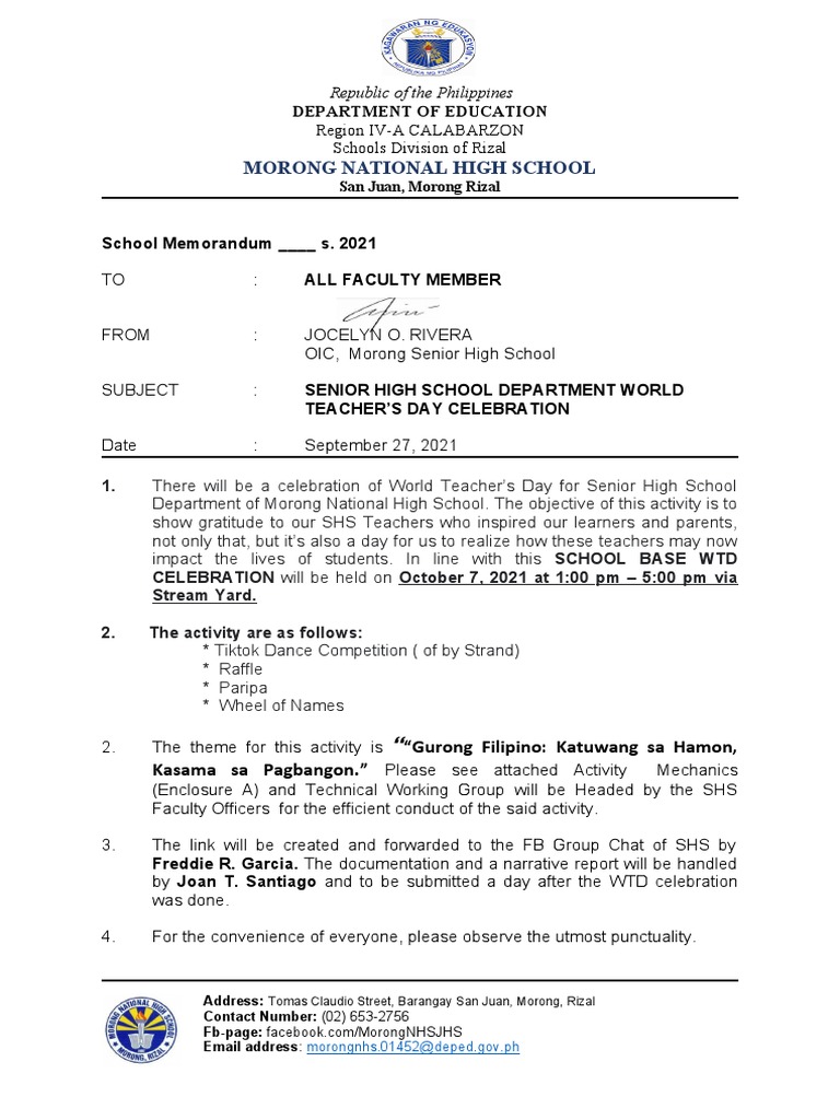 SCHOOL MEMO Draft For WTD Celebration SHS Dept | PDF