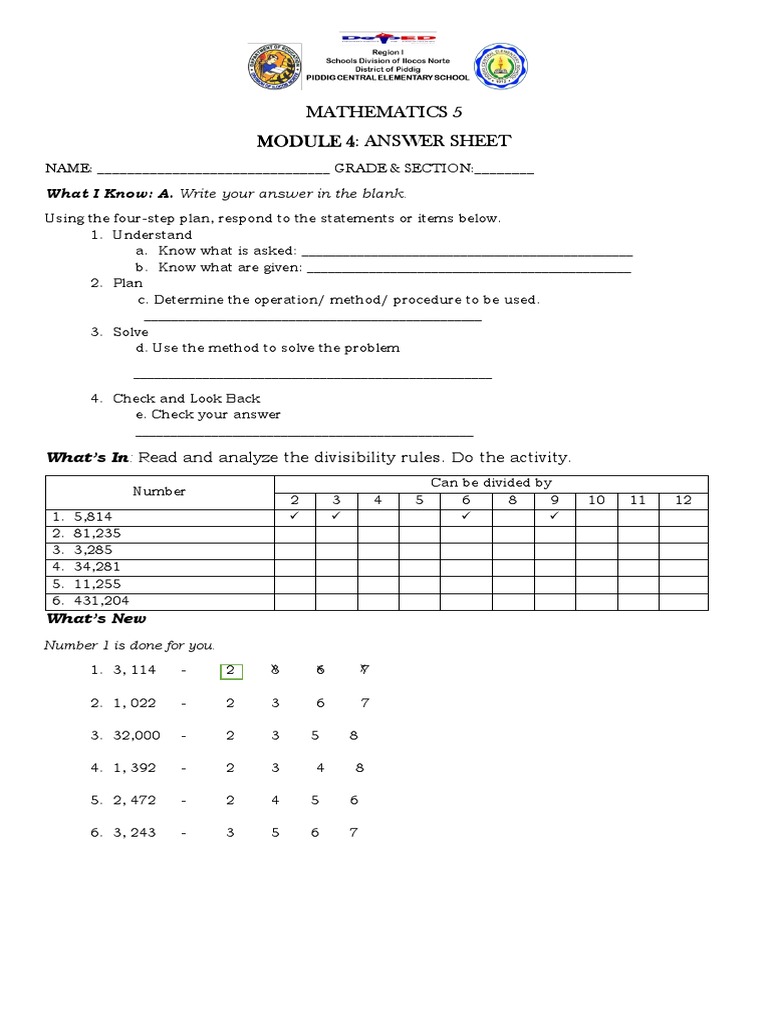 Mathematics 5 Module 4 Answer Sheet | PDF | Mathematics