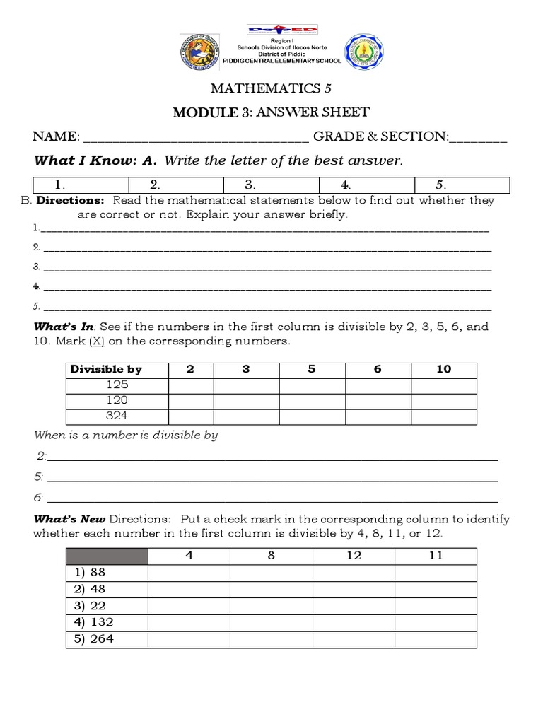 Mathematics 5 Module 3 & 4 Answer Sheet | PDF | Mathematics | Cognition
