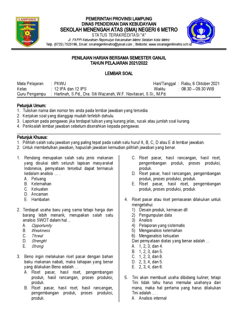 Soal PHB SMTR Ganjil - Pkwu KLS Xii | PDF