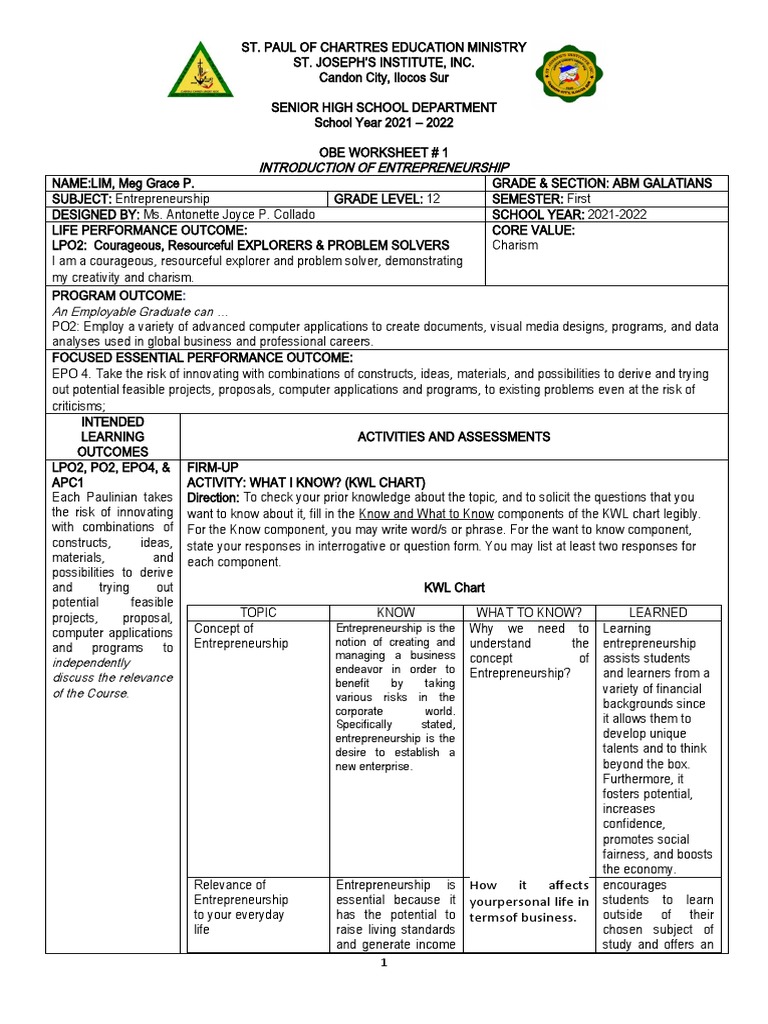 Lim Abm Worksheet 1 | PDF | Entrepreneurship | Economies