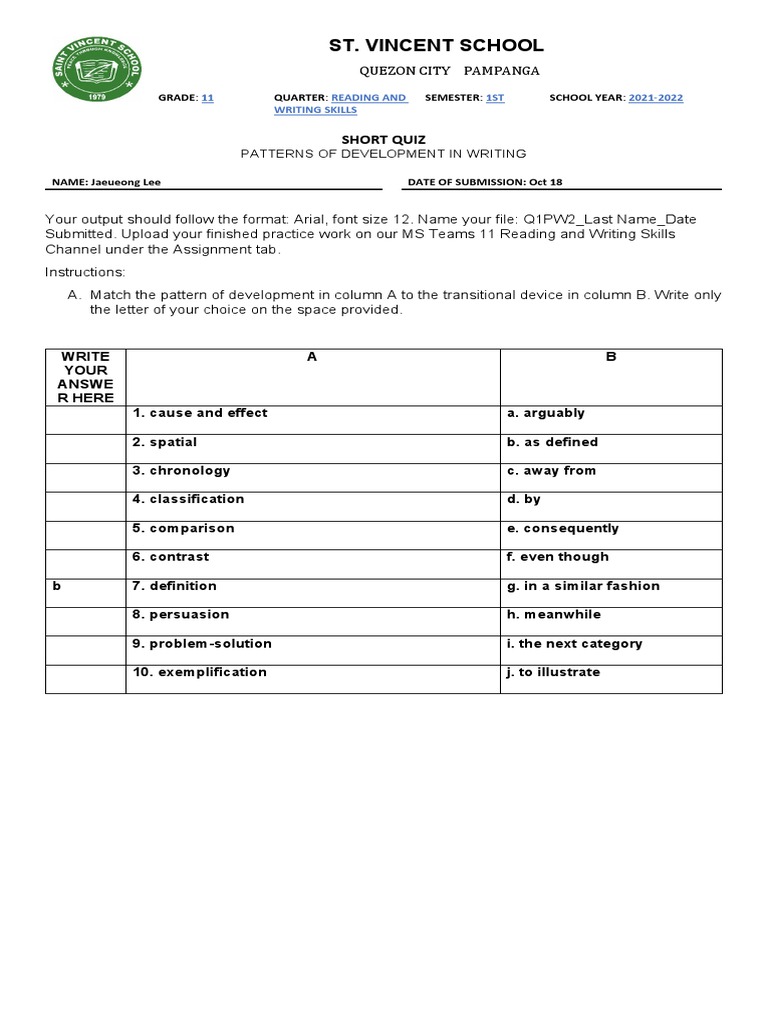 Reading and Writing Skills Short Quiz | PDF