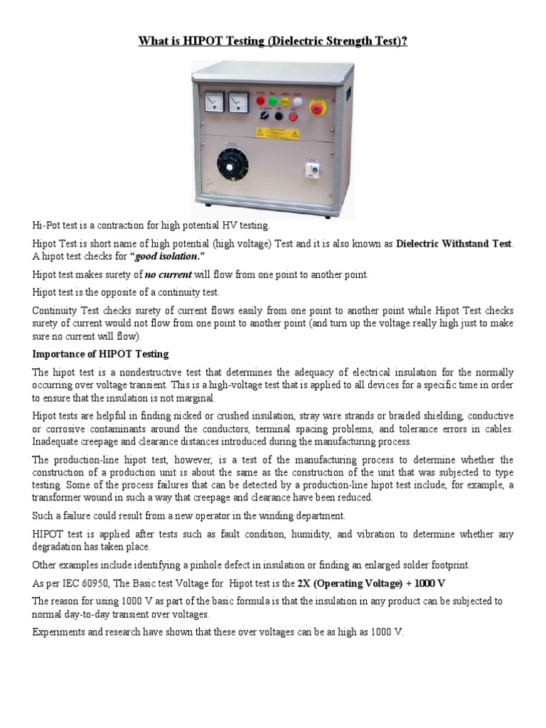 What Is HIPOT Testing (Dielectric Strength Test) ? | PDF | Electrical ...