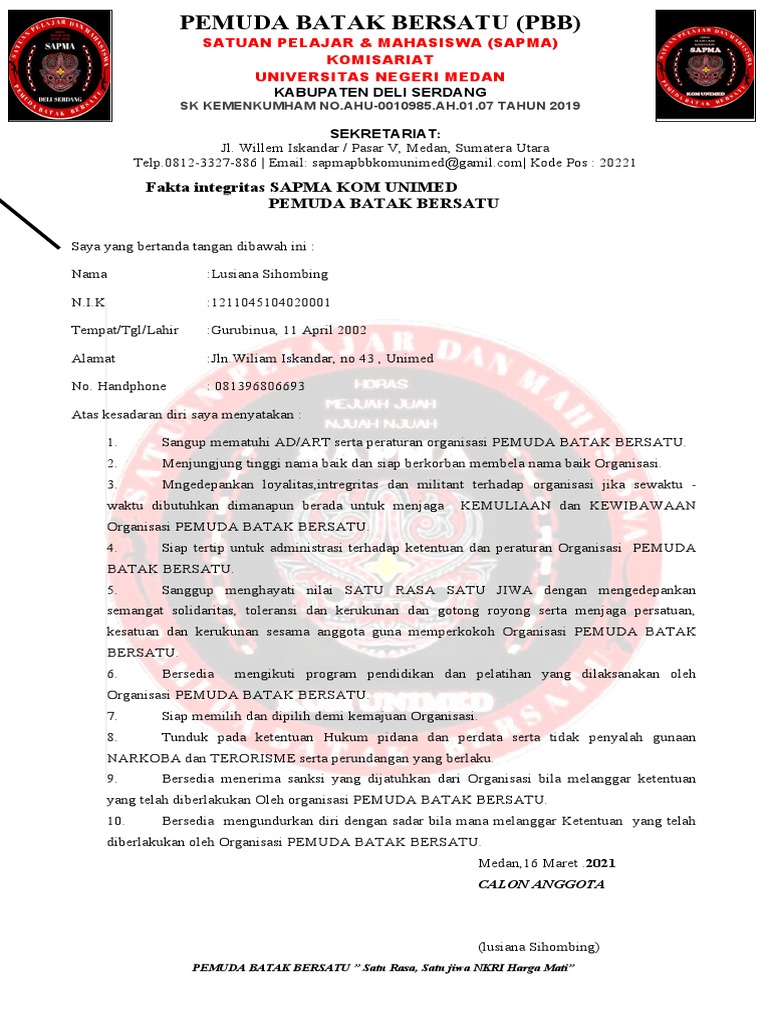 Formulir Pendaftaran Sapma PBB Kom Unimedd | PDF