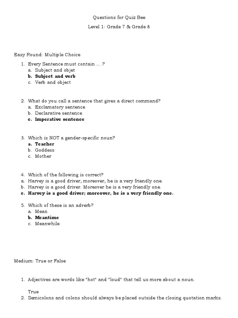 Questions For Quiz Bee 7 10 | PDF | Verb | Adverb