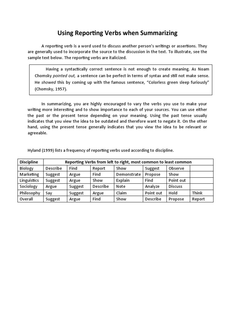 Using Reporting Verbs When Summarizing | PDF