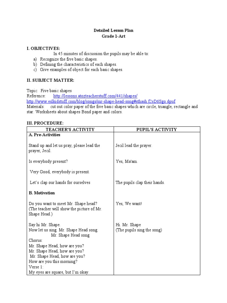 Detailed Lesson Plan Grade 1-Art I. Objectives | PDF | Shape | Triangle