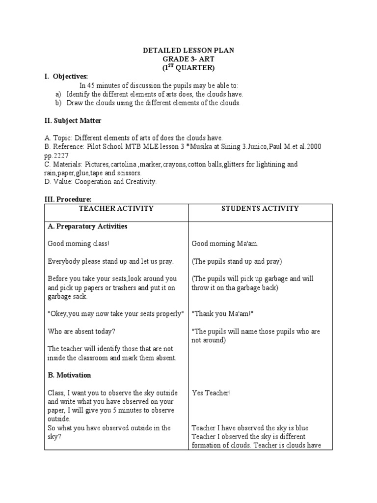 Detailed Lesson Plan Grade 3-Art (1 Quarter) I. Objectives | PDF ...