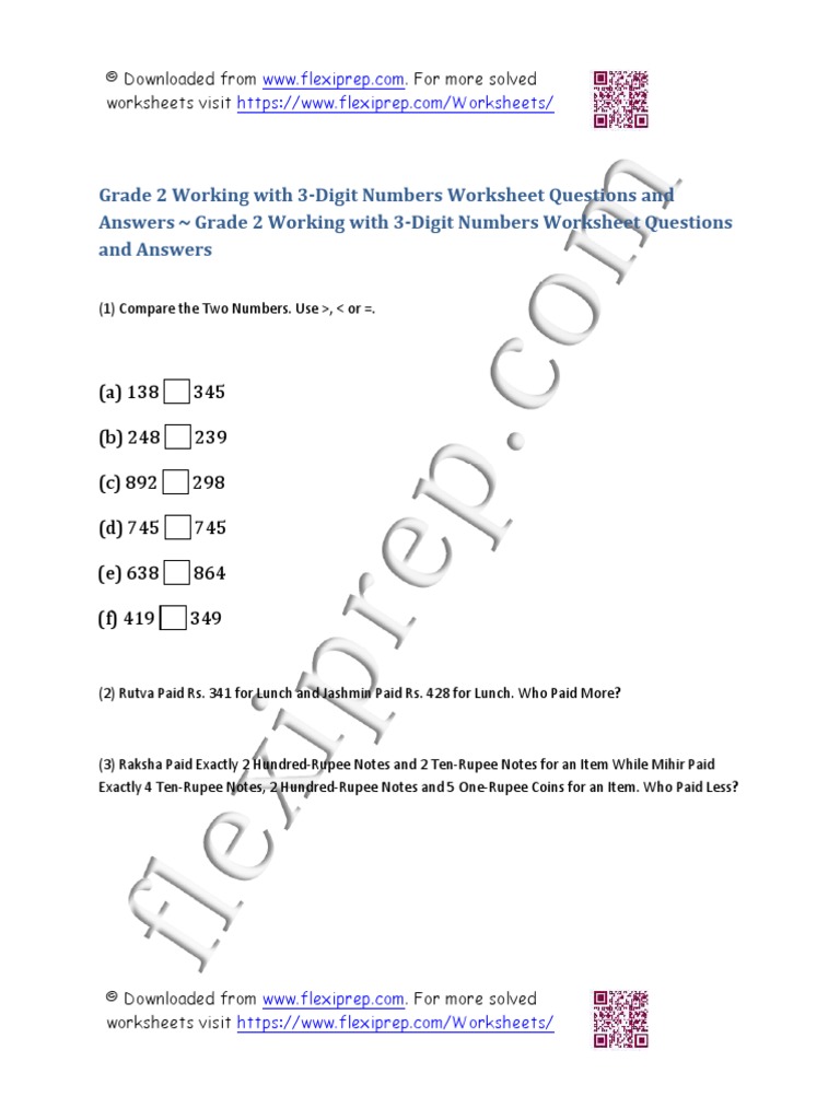 Grade 2 Working With 3-Digit Numbers Worksheet Questions and Answers ...
