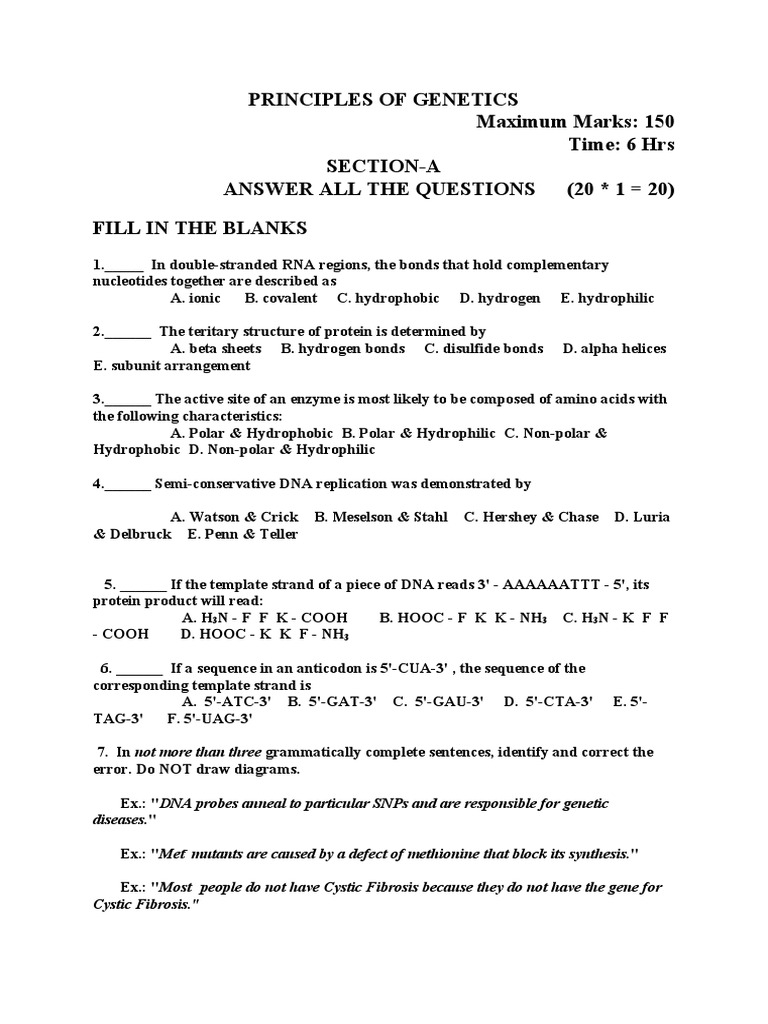 Principles of Genetics Maximum Marks: 150 Time: 6 Hrs Section-A Answer ...