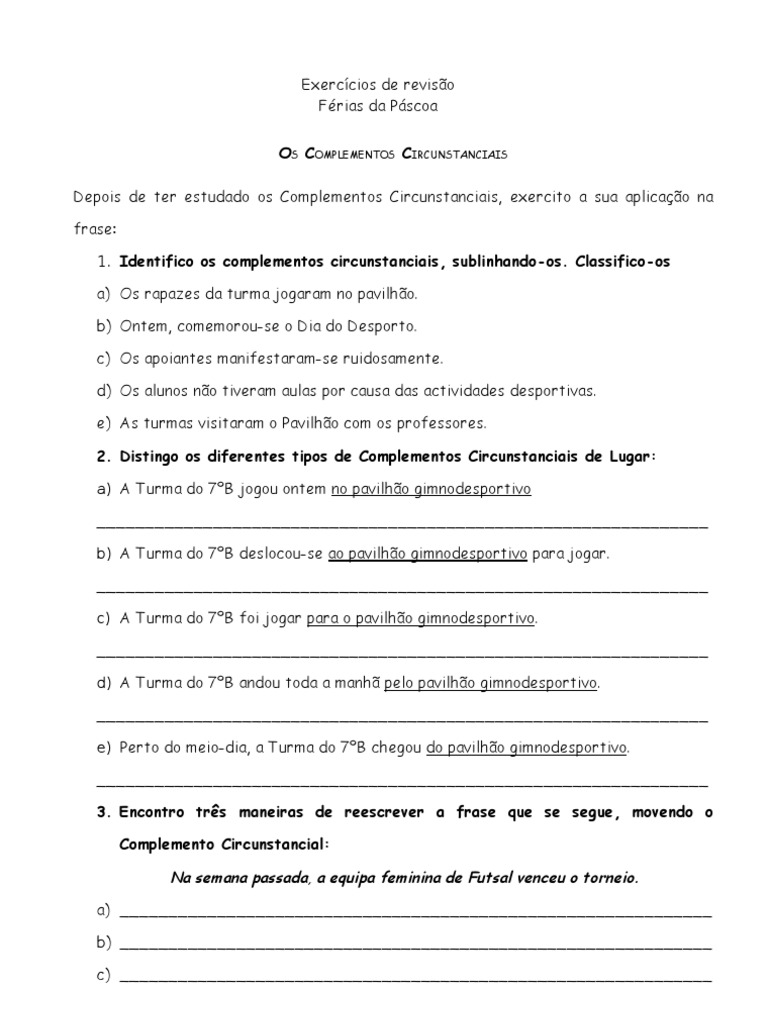 Exercícios sobre Complementos Circunstanciais | PDF