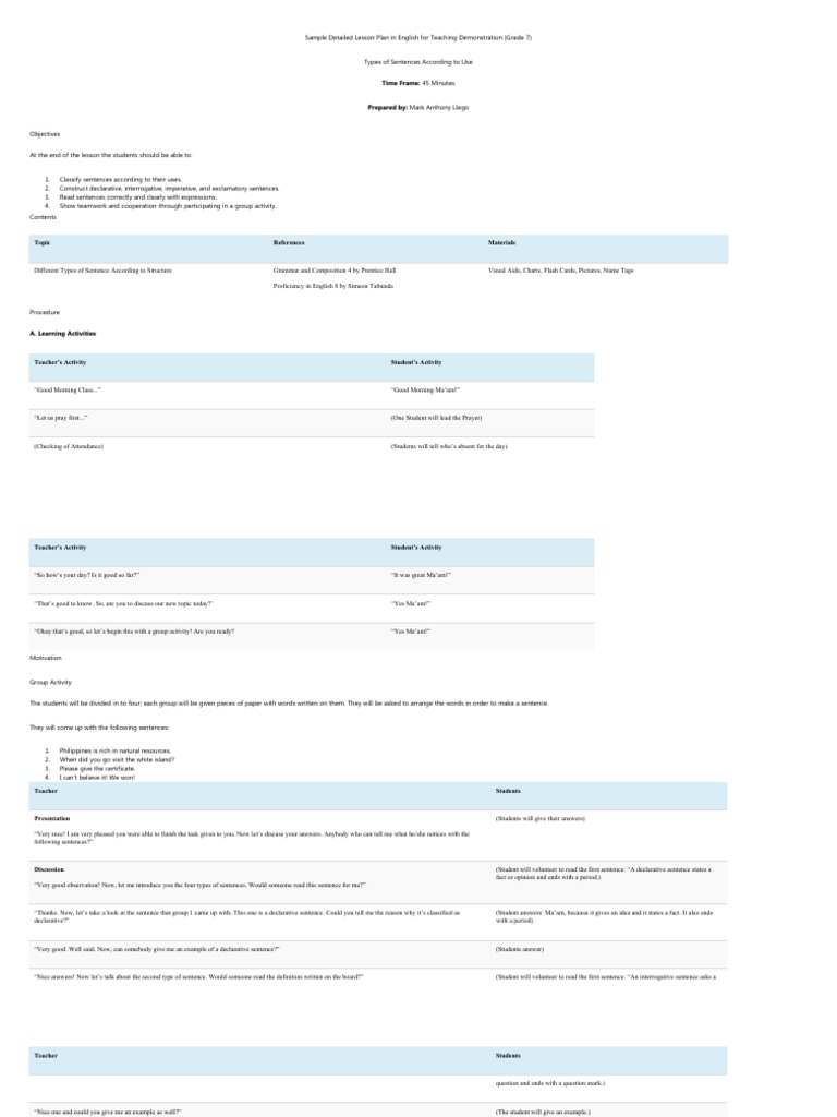 Sample Detailed Lesson Plan in English | PDF | Question | Lesson Plan