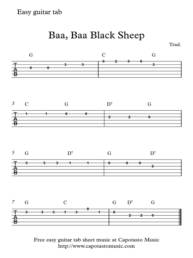 Baa Baa Black Sheep Easy Guitar Tab | PDF