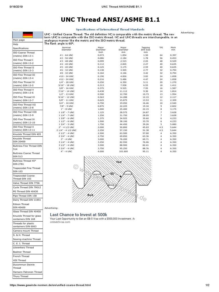 UNC Thread ANSI - ASME B1.1 | PDF | Cutting Tools | Metalworking