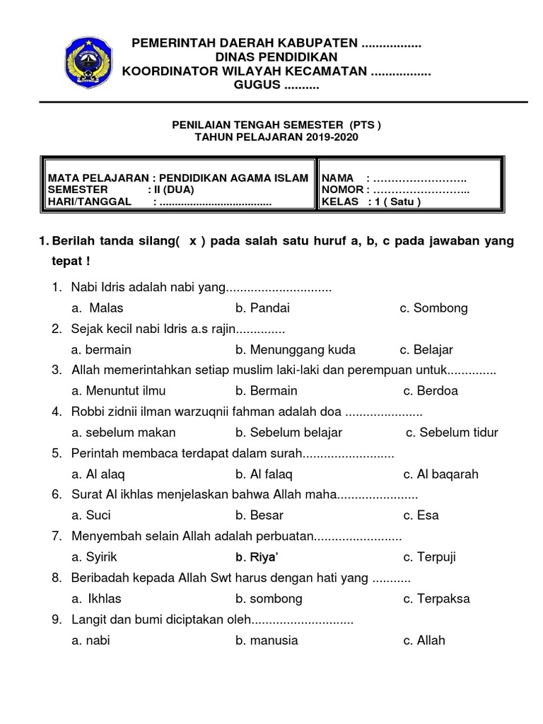 Soal PTS Pai KLS 1 | PDF