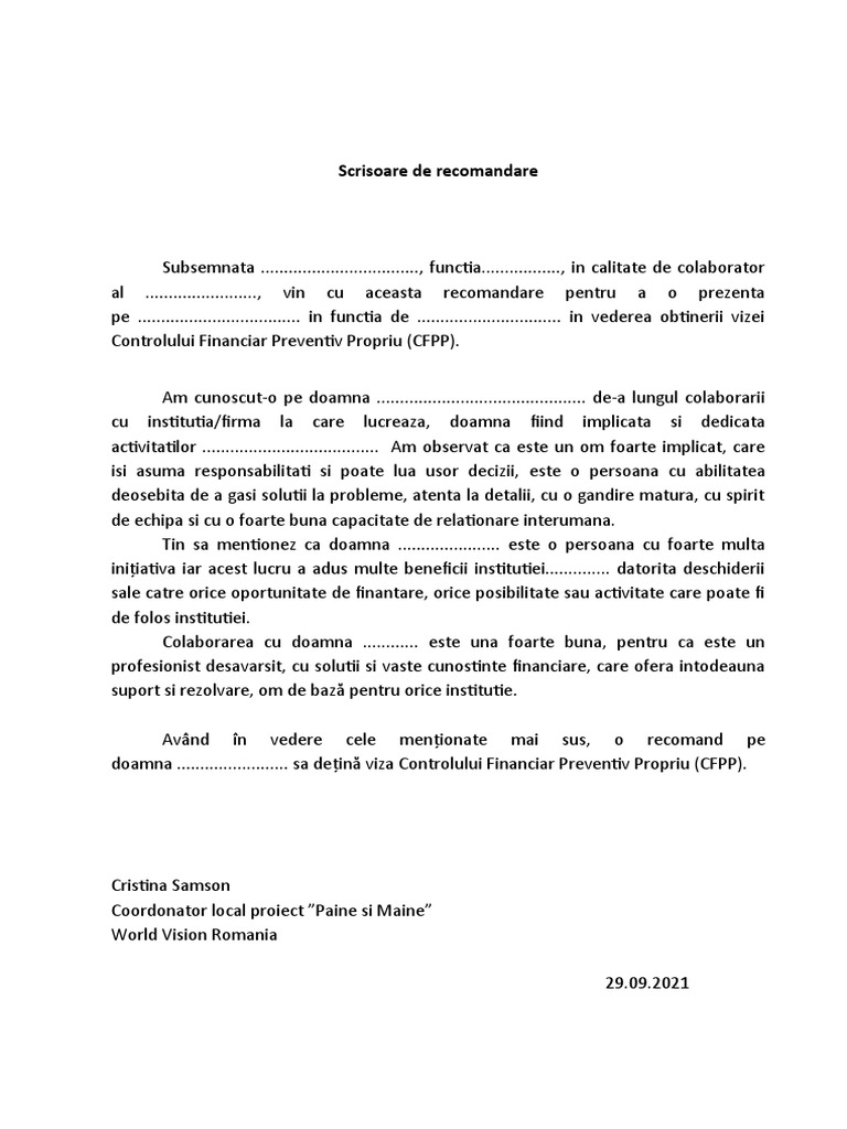 Scrisoare de Recomandare Model | PDF