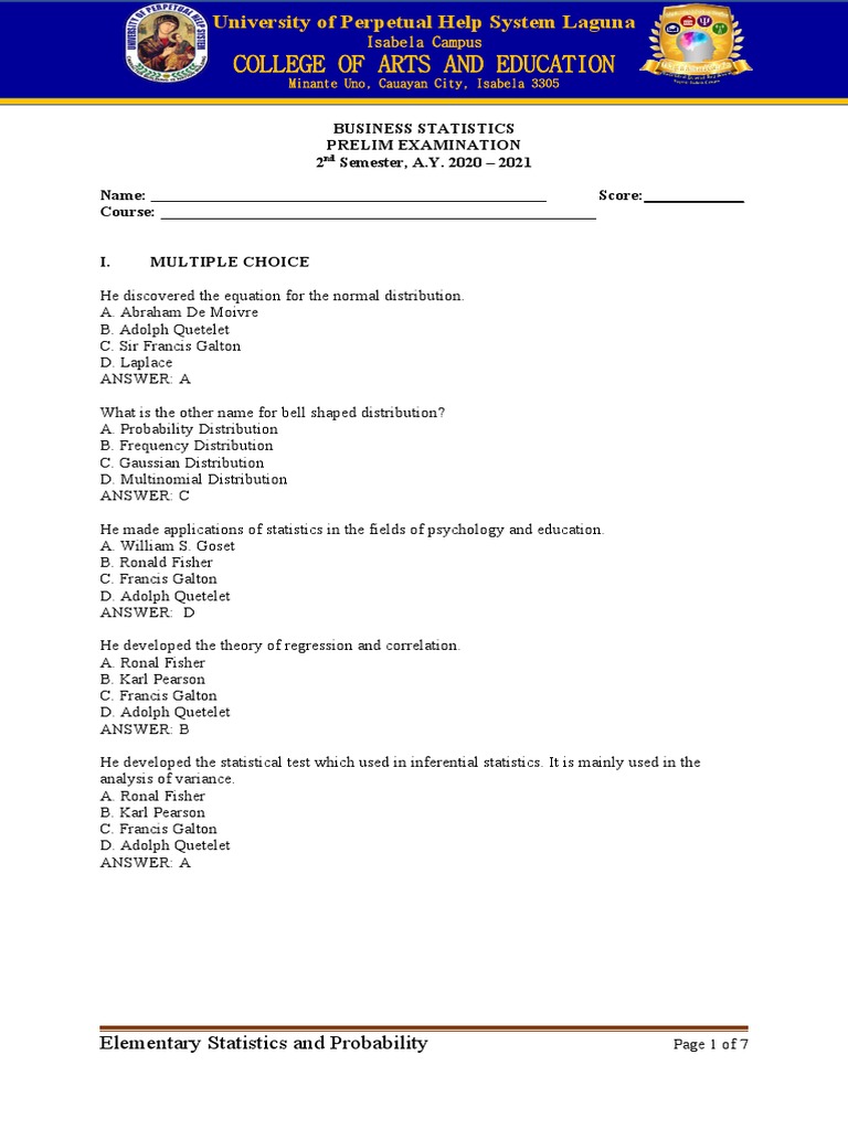 Prelim Exam Answer Key | PDF | Sampling (Statistics) | Statistics