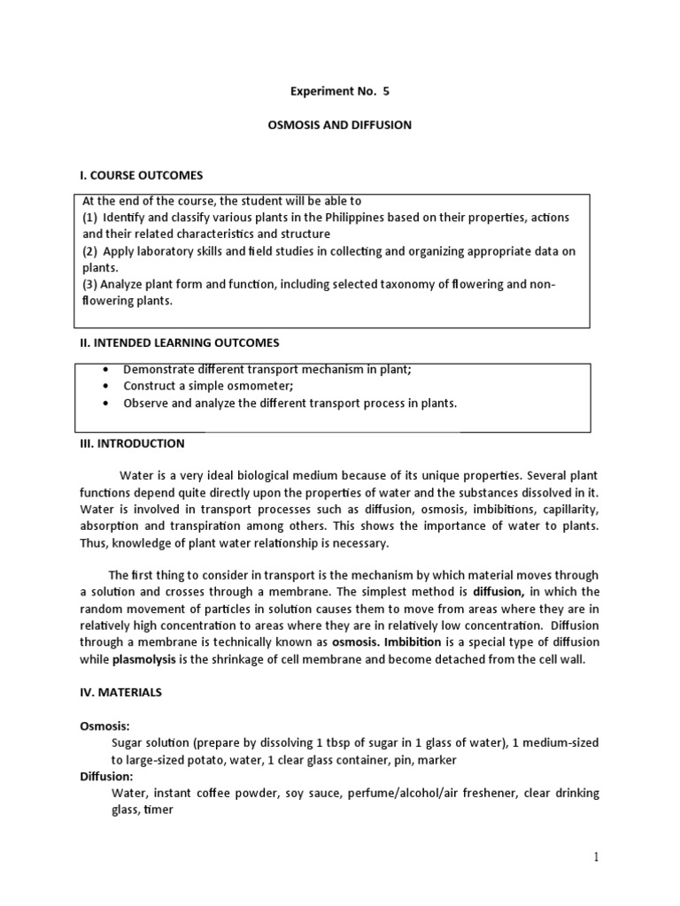 Experiment 5 - Osmosis and Diffusion | PDF | Osmosis | Chemistry