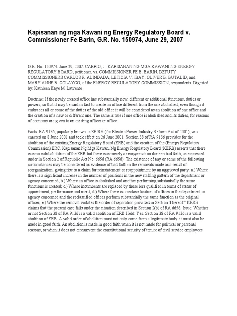 Kapisanan NG Mga Kawani NG Energy Regulatory Board v. Commissioner Fe ...