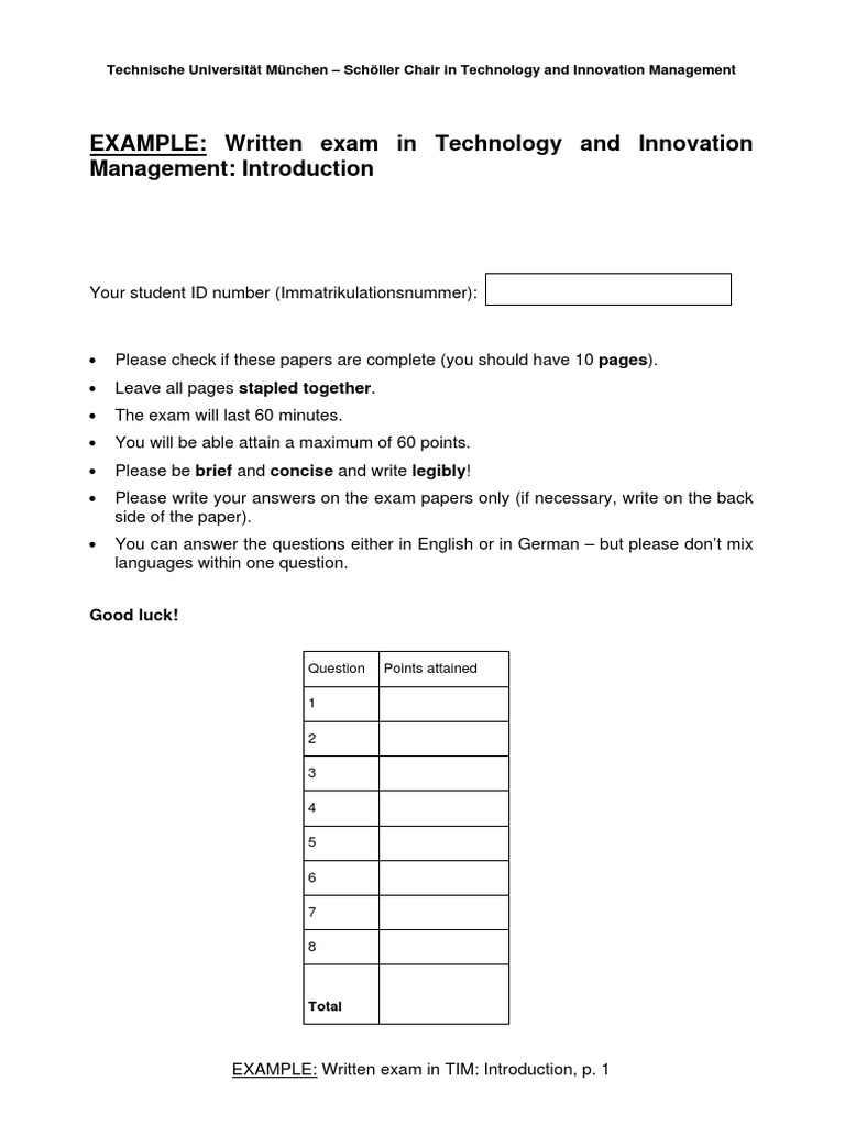 EXAMPLE: Written Exam in Technology and Innovation Management ...
