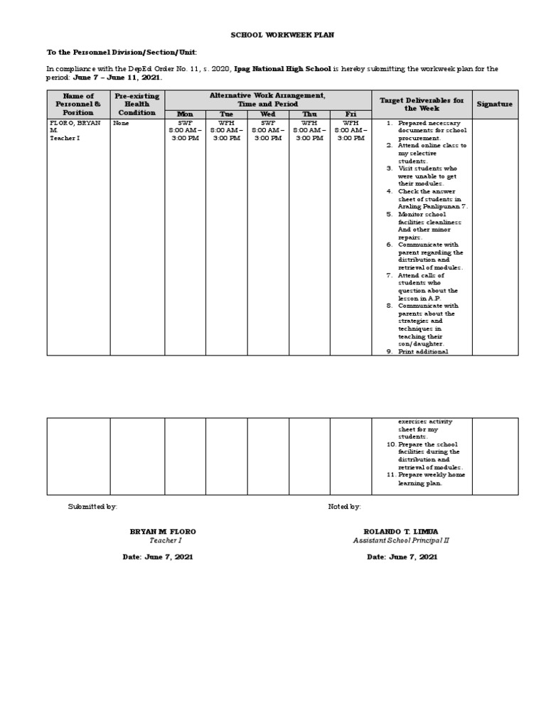 Workweek Plan for Teacher Bryan Floro | PDF | Behavior Modification ...