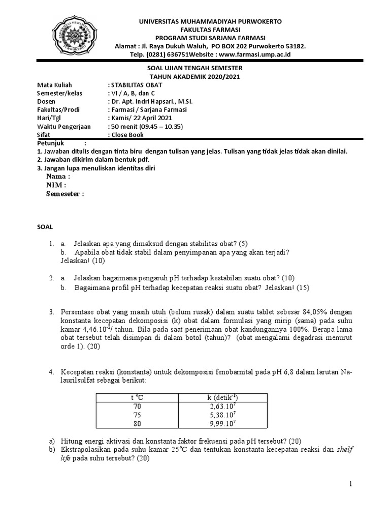 Soal UTS - STABILITAS OBAT - Genap - 2020-2021 - Indri Hapsari Rev | PDF | Sains & Matematika