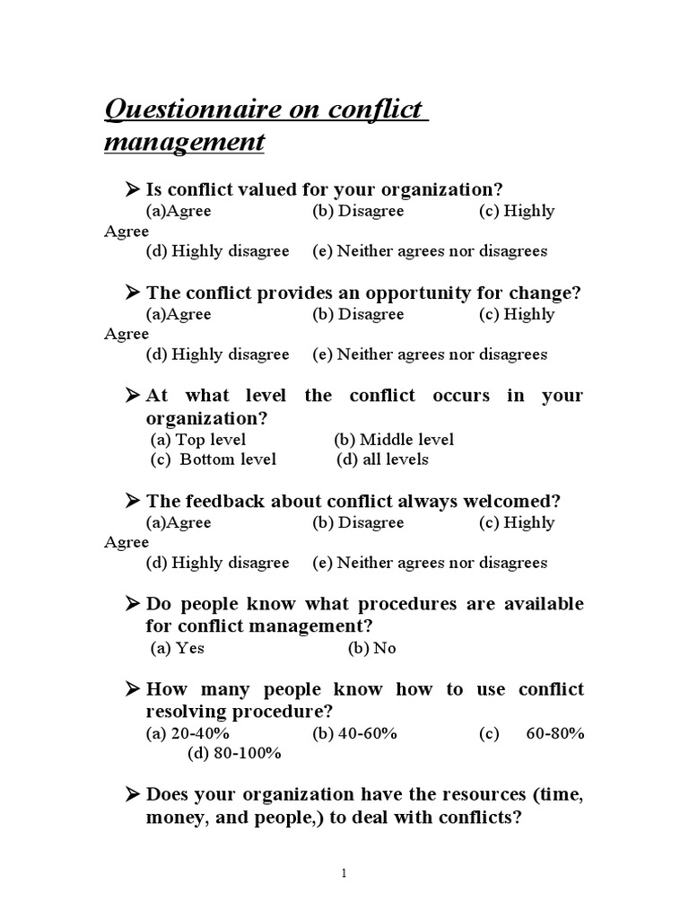 Questionnaire On Conflict Management