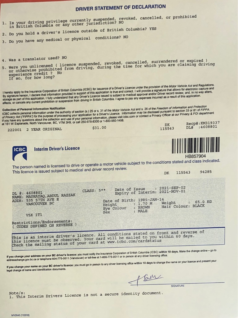 Interim Driver's Licence: Name: Razzak | PDF | Driver's License | License