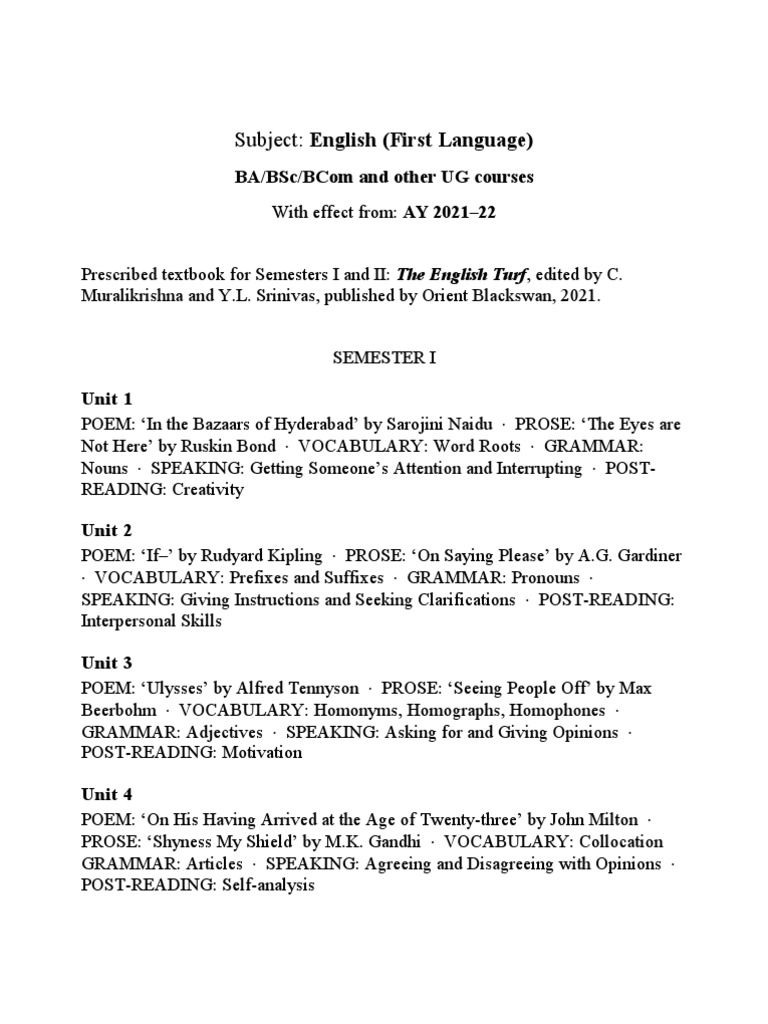 Subject: English (First Language) : Ba/Bsc/Bcom and Other Ug Courses | PDF