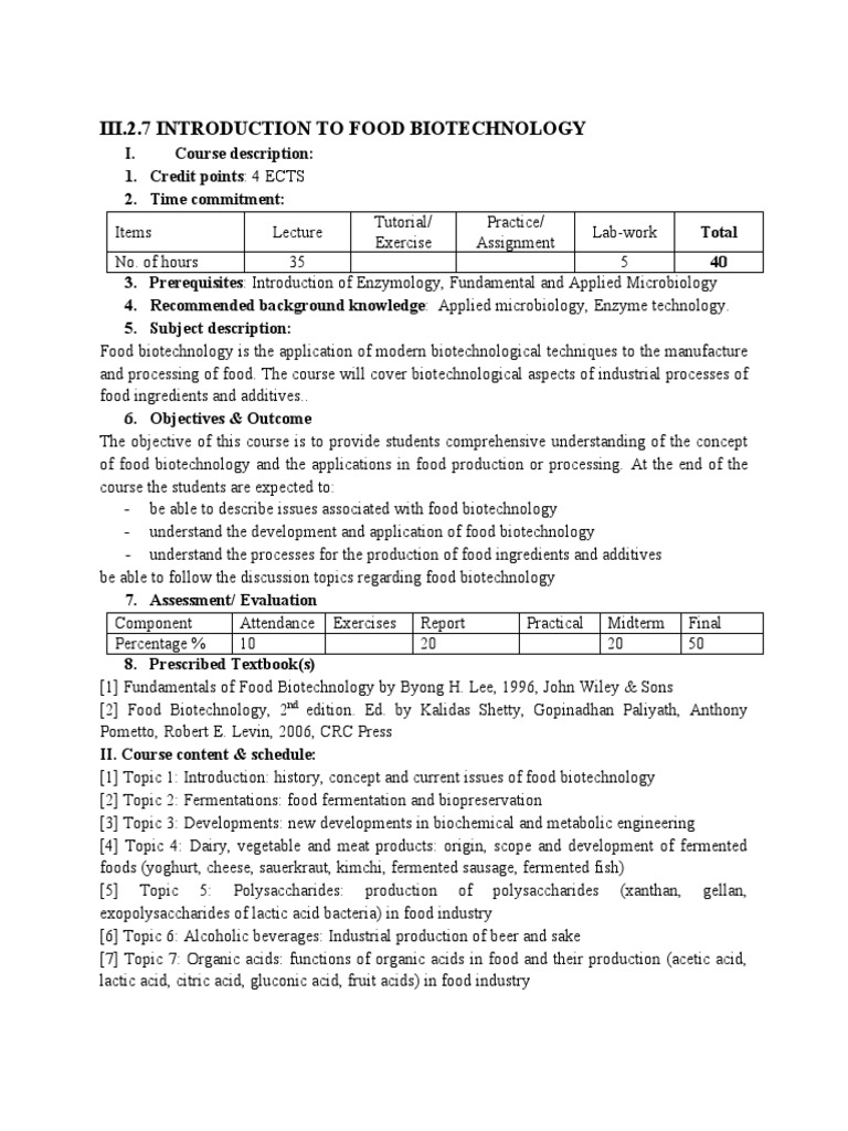 Iii.2.7 Introduction To Food Biotechnology | PDF | Biotechnology | Foods