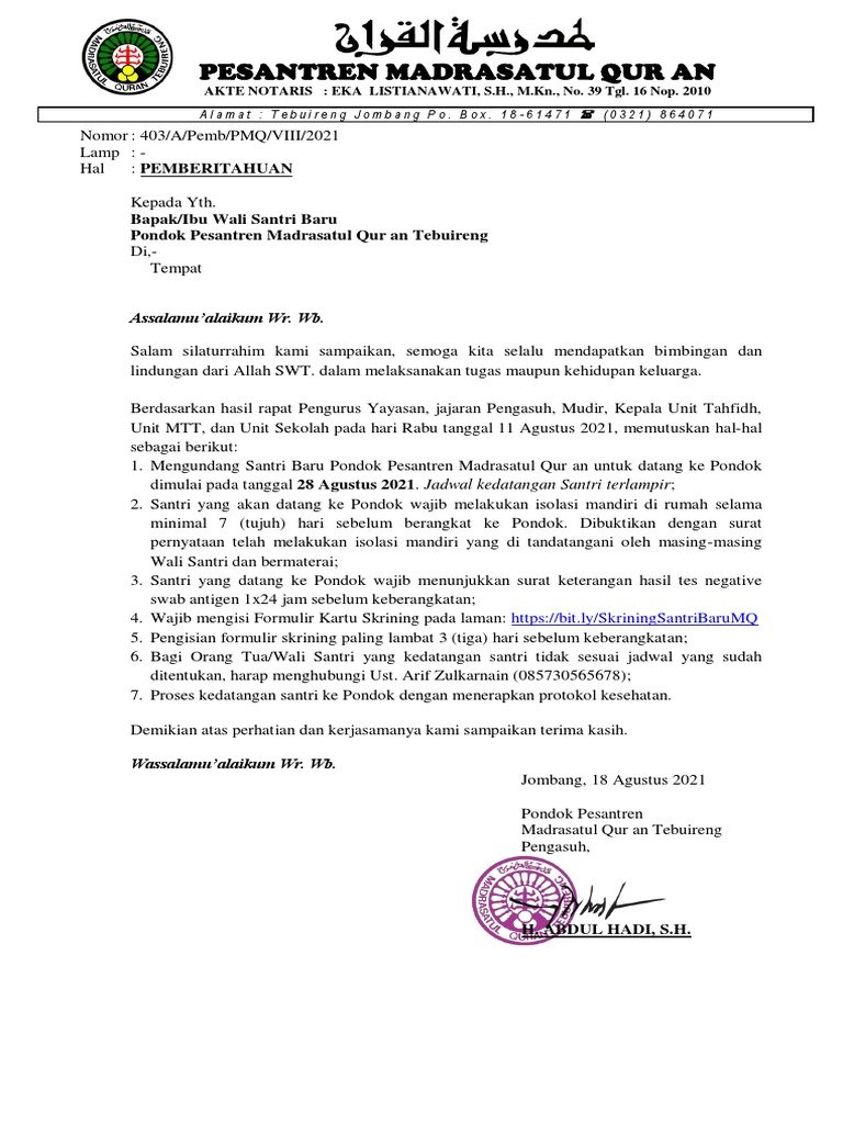 Pemberitahuan Kedatangan Santri Baru 2021 | PDF