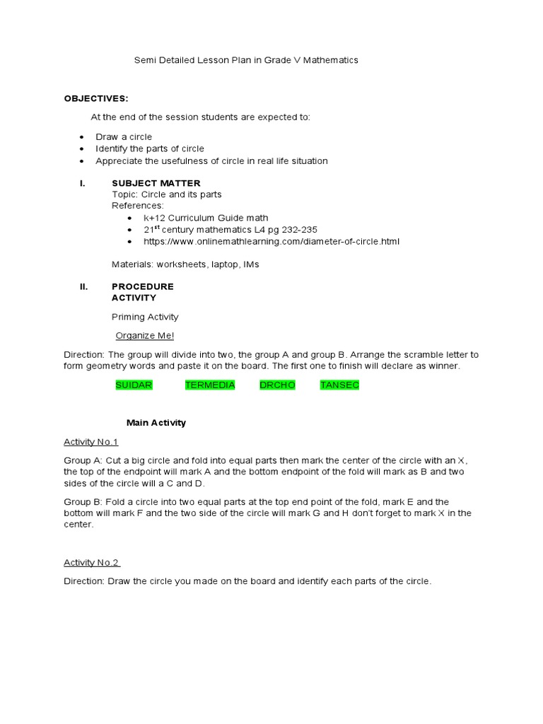 Semi Detailed LP Math 5 | PDF | Circle | Diameter