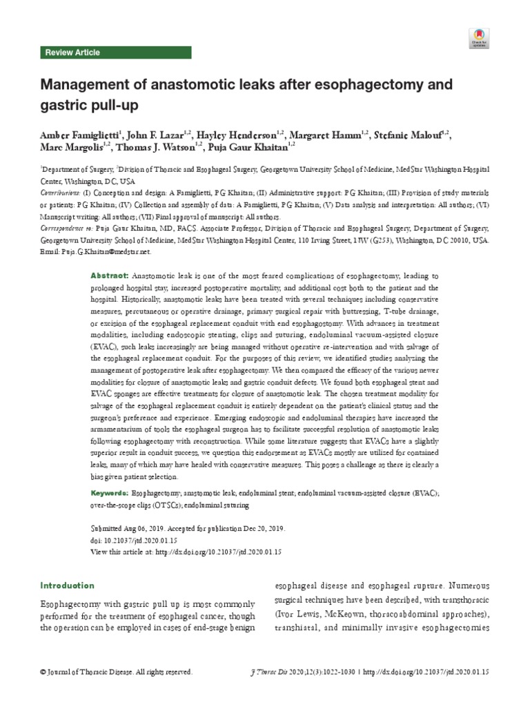 Management of Anastomotic Leaks After Esophagectomy and Gastric Pull-Up ...