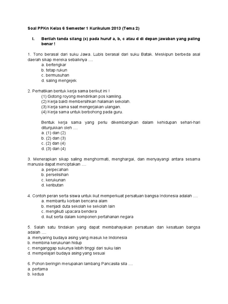 Soal PPKN Kelas 6 Semester 1 Kurikulum 2013 (Tema 2) | PDF