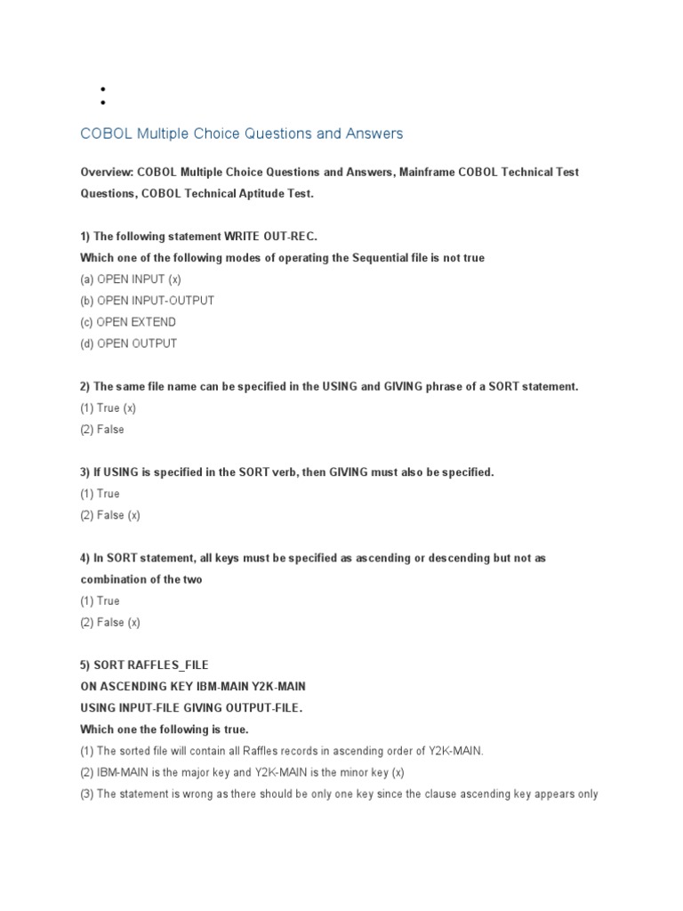 COBOL MCQ Questions and Answers Guide | PDF | Subroutine | C ...