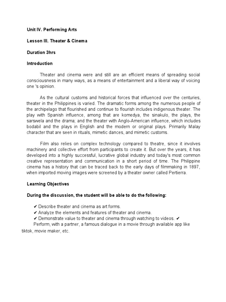 Unit IV. Performing Arts Lesson III. Theater & Cinema Duration 3hrs ...