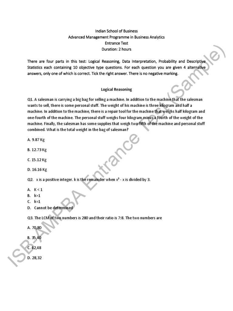 ISB-AMPBA Entrance Test (Sample) : Logical Reasoning | PDF | Average ...
