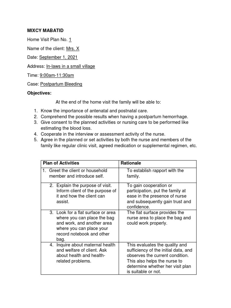 Home Visit Plan | PDF | Postpartum Period | Hand Washing