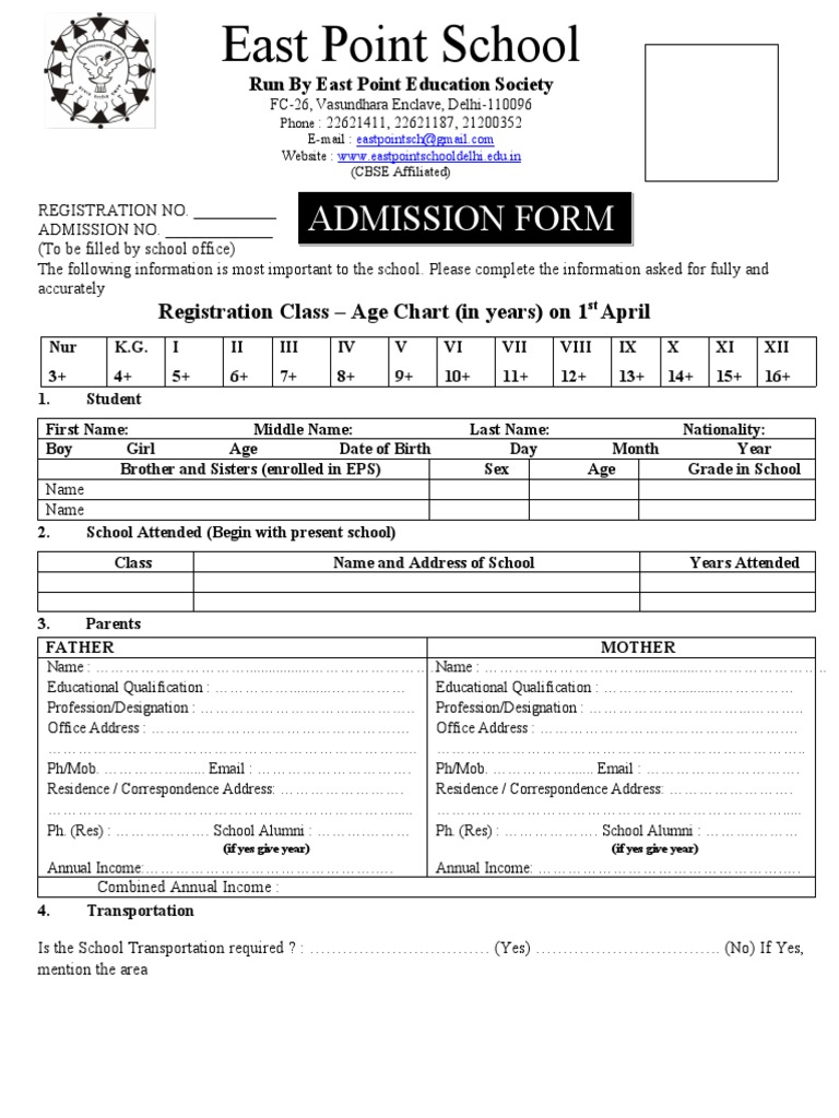 Admission Form: Registration Class - Age Chart (In Years) On 1 April ...