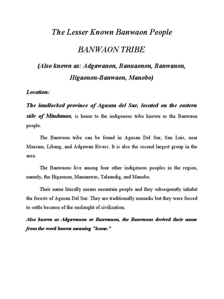 The Lesser Known Banwaon People Banwaon Tribe: (Also Known As ...
