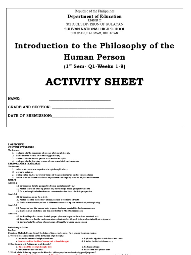 Introduction To The Philosophy of The Human Person: Activity Sheet ...