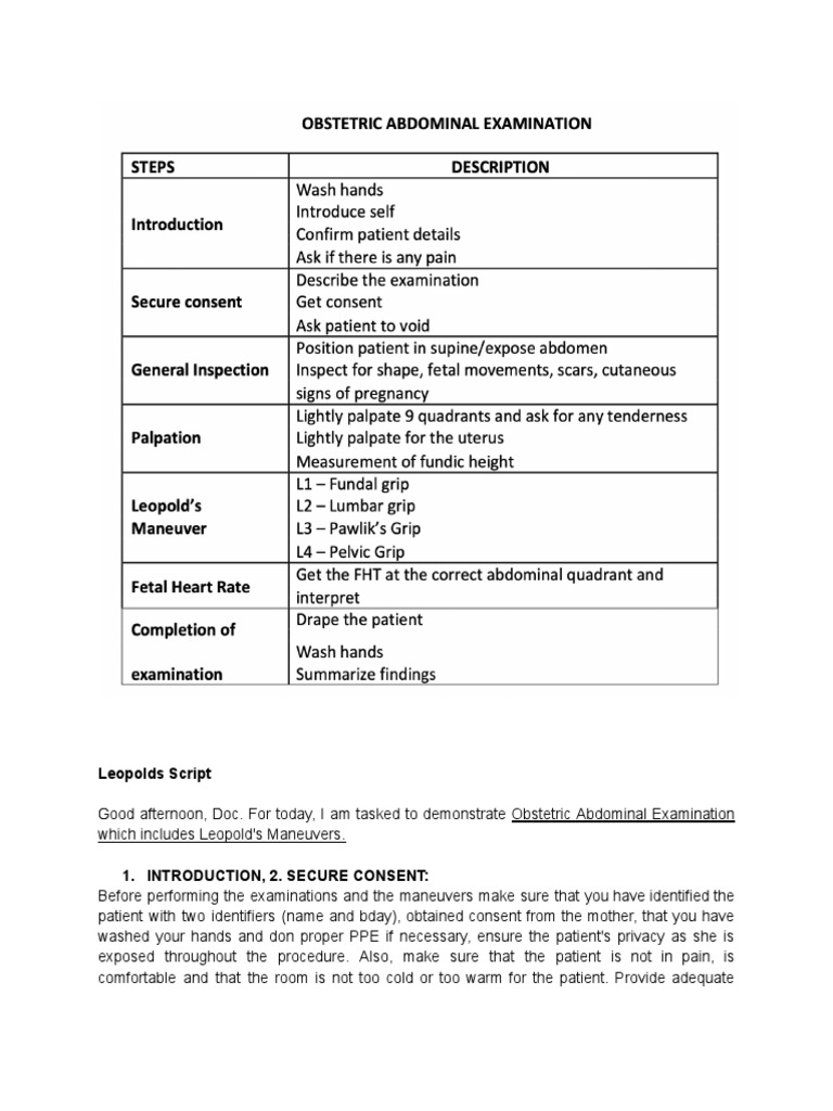 Obstetric Abdominal Examination and Leopolds Script | PDF | Abdomen | Uterus