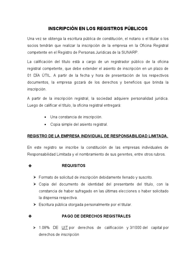 Inscripción en Los Registros Públicos | PDF