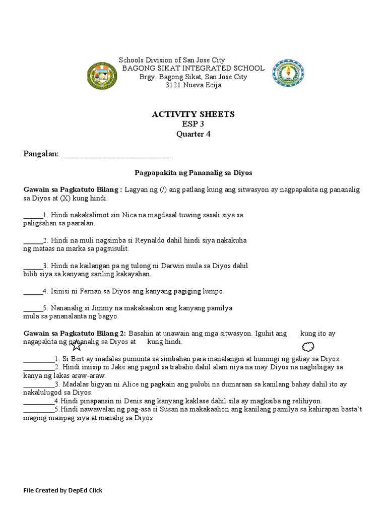 ESP 3 Activity Sheet Q4 W1 | PDF