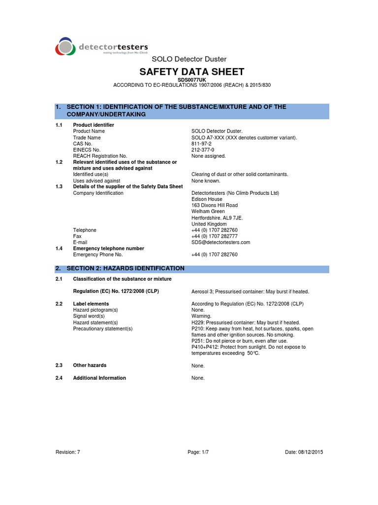 Safety Data Sheet: SOLO Detector Duster | Download Free PDF | Dangerous ...